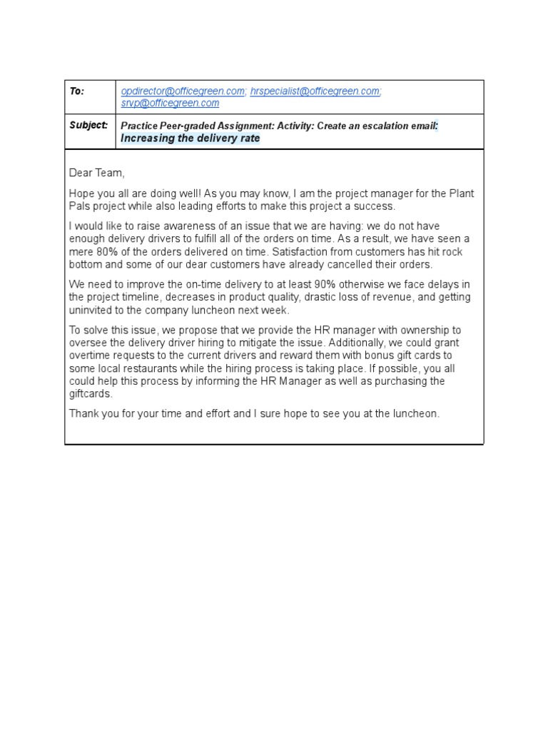 Escalation Email for Delivery Issues | PDF