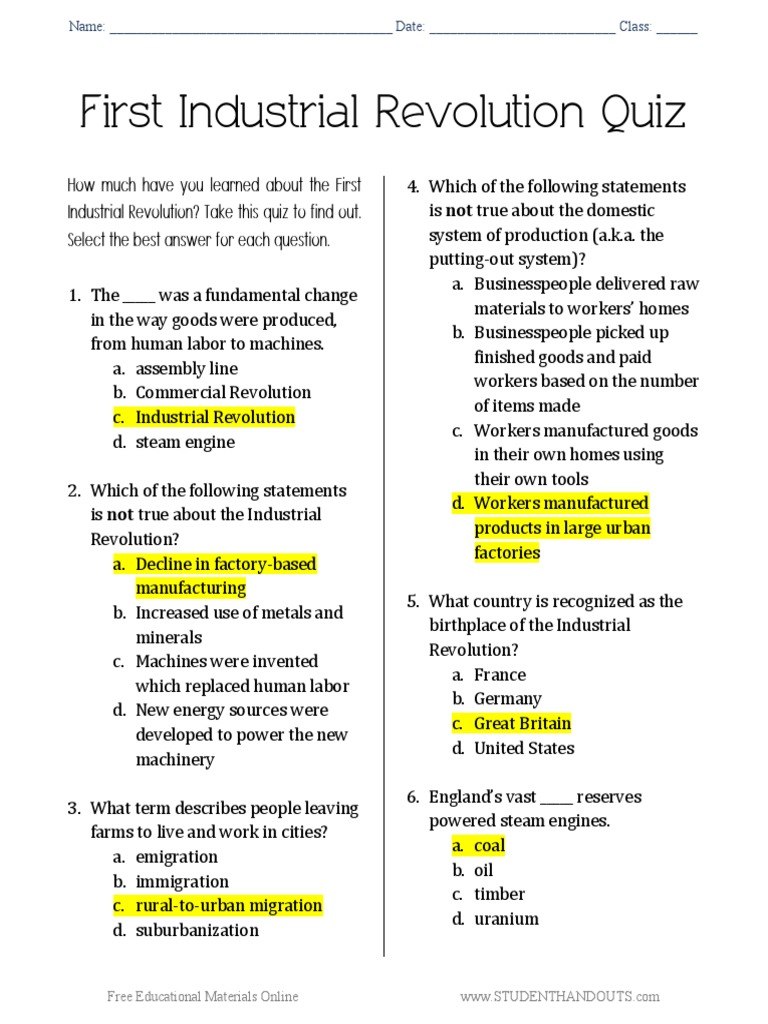 First Industrial Revolution Quiz | PDF | Industrial Revolution ...