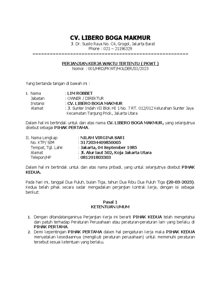 Cv. Libero Boga Makmur: Perjanjian Kerja Waktu Tertentu (PKWT) | PDF