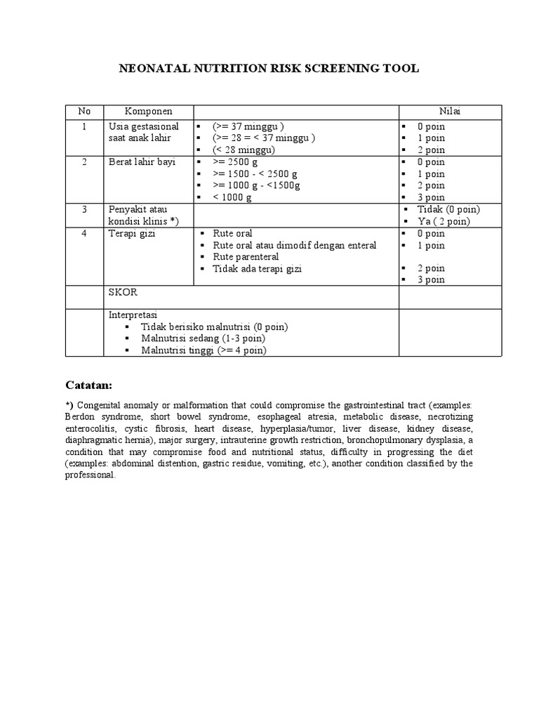 Neonatal Nutrition Risk Screening Tool | PDF
