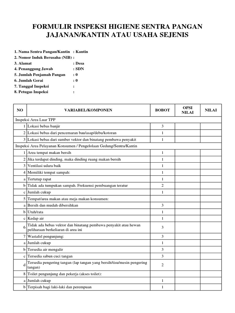 Formulir Inspeksi Kantin | PDF