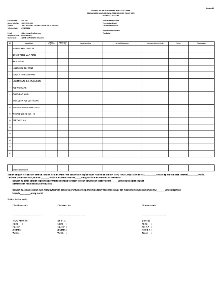 Borang B3 BAP AKUAN PENERIMAAN DAN PENOLAKAN TAHUN 2022 | PDF