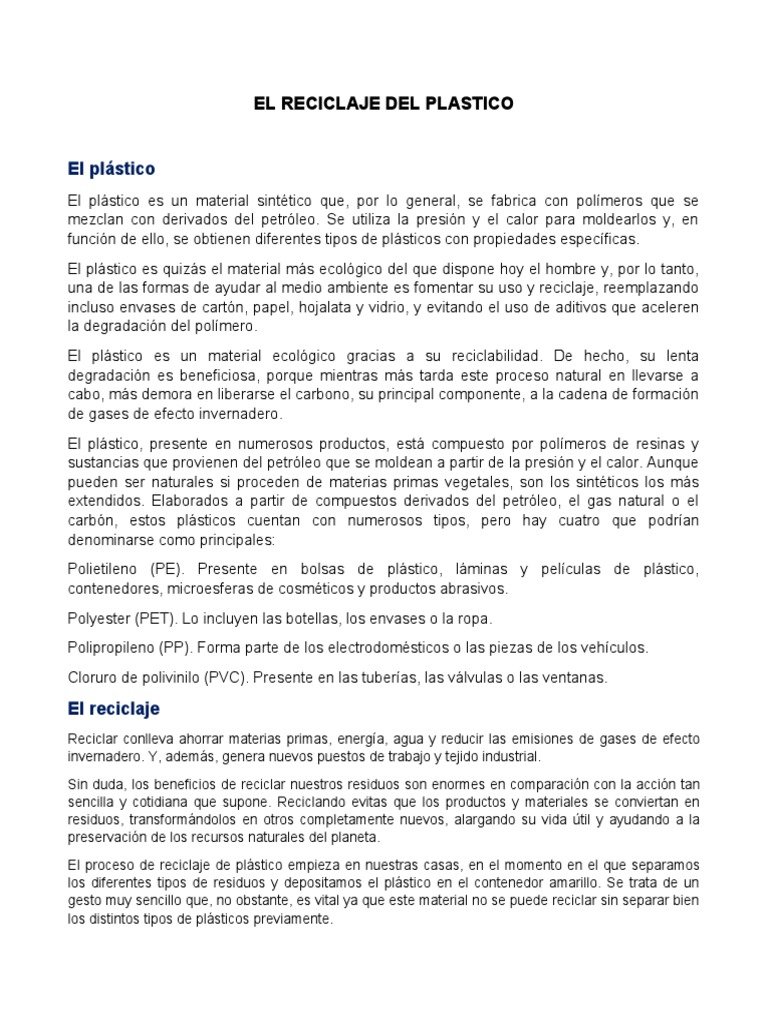 El Reciclaje Del Plastico | PDF | El plastico | Reciclaje