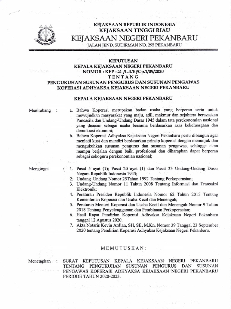 SK Pengurus Dan Pengawas Koperasi Adhyaksa KN Pekanbaru | PDF