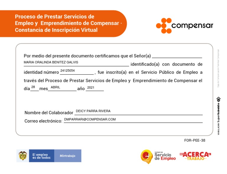 Constancia de Inscripcion - Agencia de Empleo y Eprediminto Compensar | PDF