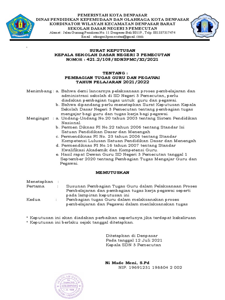 SK pembagian tugas mengajar th 2021-2022 | PDF