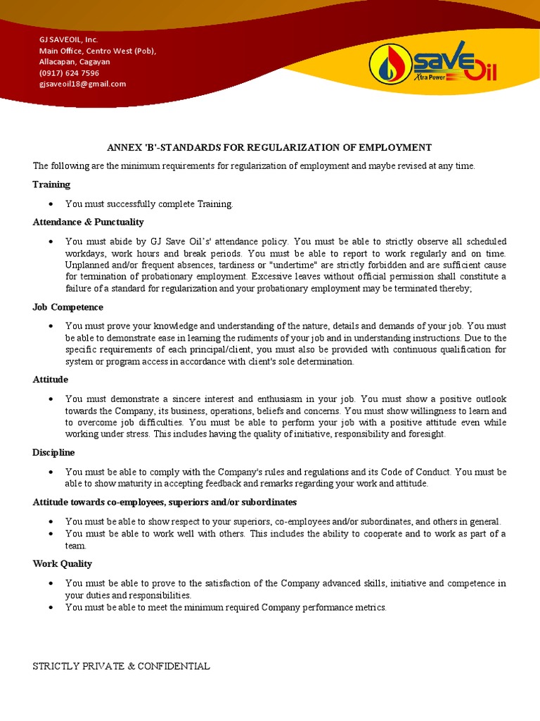 Annex 'B'-Standards For Regularization of Employment | PDF | Business