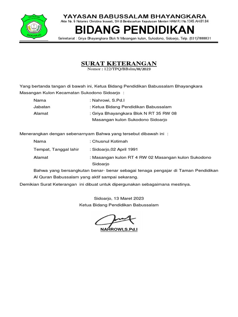 Surat Keterangan Mengajar TPQ | PDF