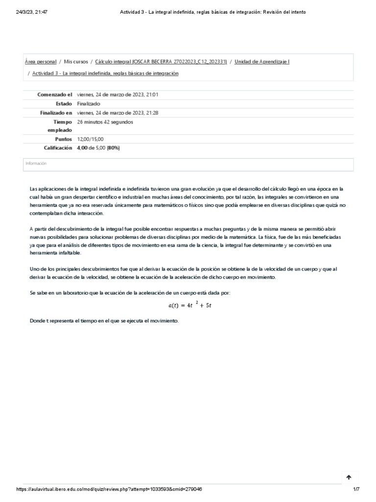 Actividad 3 - La Integral Indefinida, Reglas Básicas de Integración - Revisión Del Intento ...