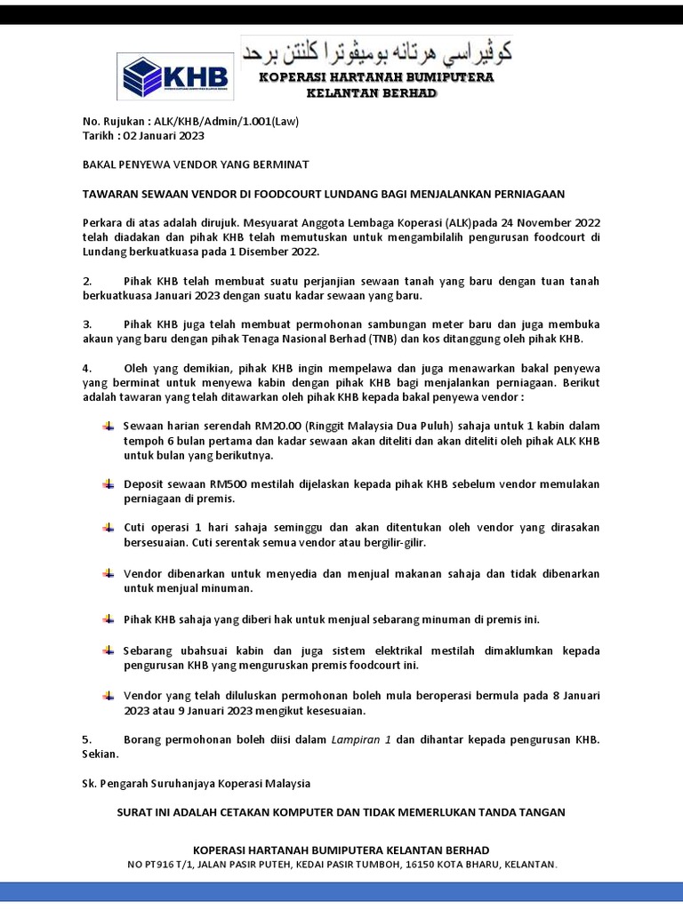 Surat Tawaran Vendor 2023 | PDF