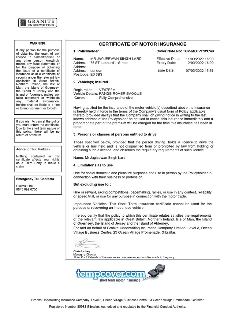 Certificate of Motor Insurance: 1. Policyholder Cover Note No: TCV-MOT ...