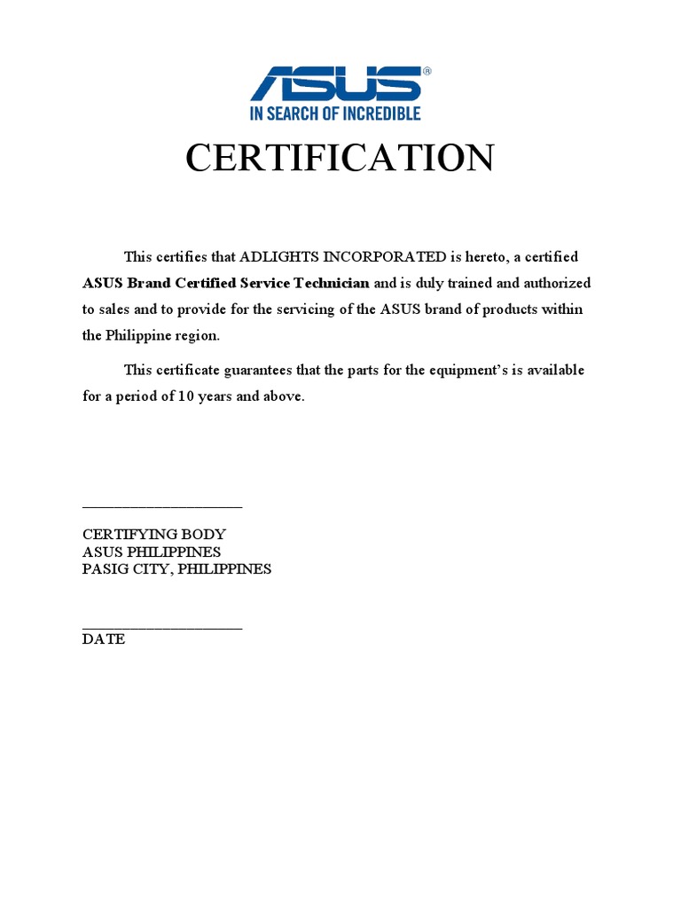 Certification Asus 10 Yrs PNP | PDF | Business | Finance & Money Management