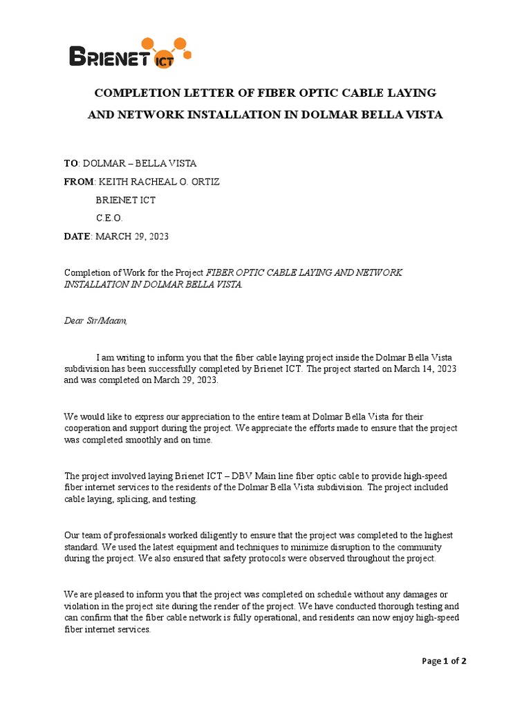 Completion Letter of Fiber Optic Cable Laying | PDF | Optical Fiber ...