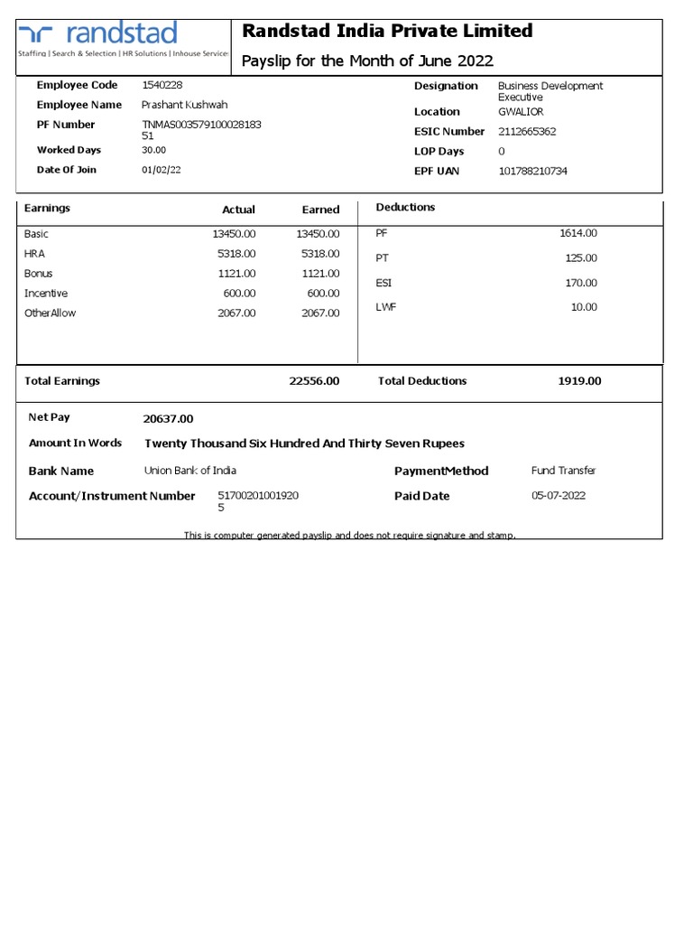 Randstad India Private Limited: Payslip For The Month of June 2022 | PDF