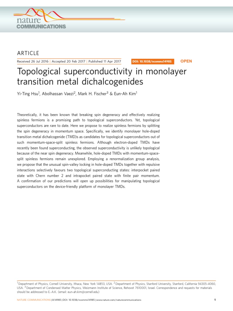 Topological Superconductivity in Monolayer Transition Metal Dichalcogenides | PDF | Spin ...