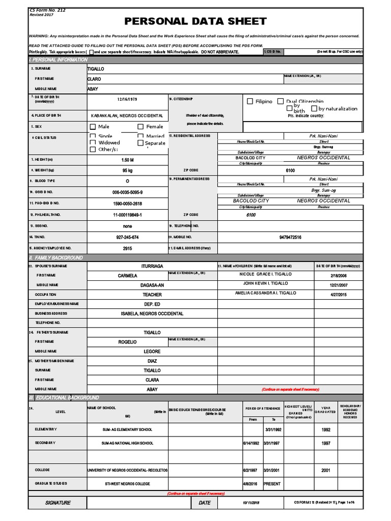 CS Form No. 212 Revised Personal Data Sheet 2 | PDF | Teachers