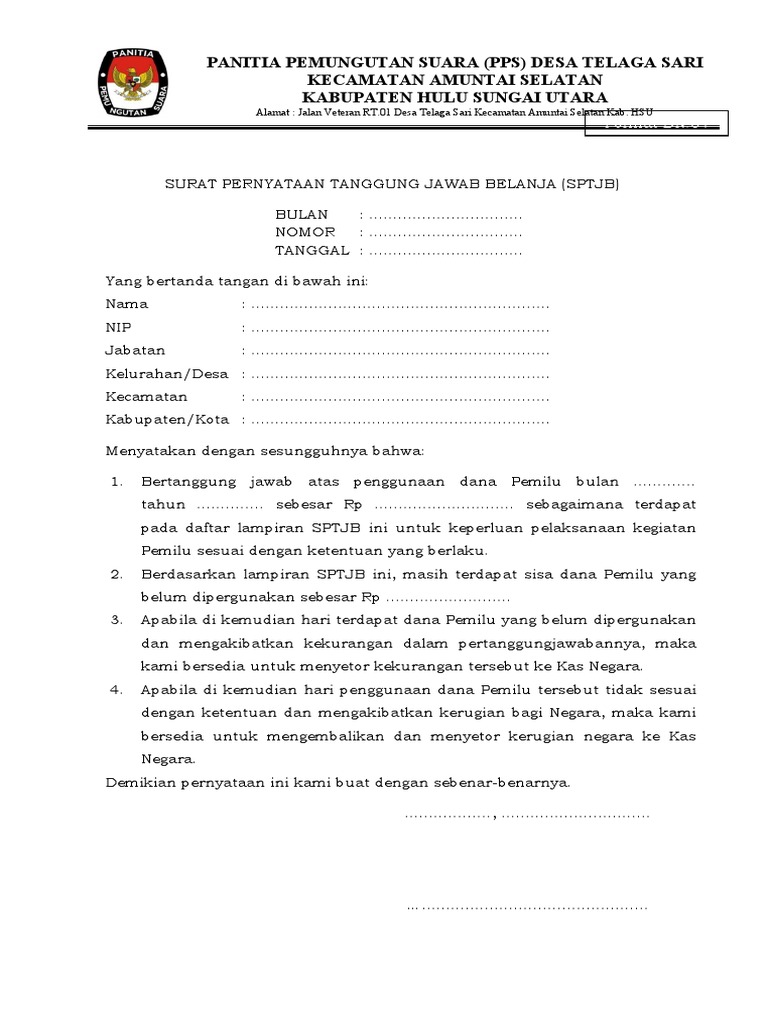 Format DN.04 Surat Pernyataan Tanggung Jawab Belanja (SPTJB) | PDF