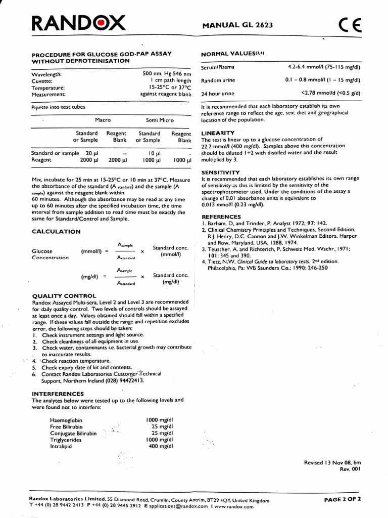 RANDOX Procedure For Glucose GOD-PAP Assay Without Deproteinisation ...