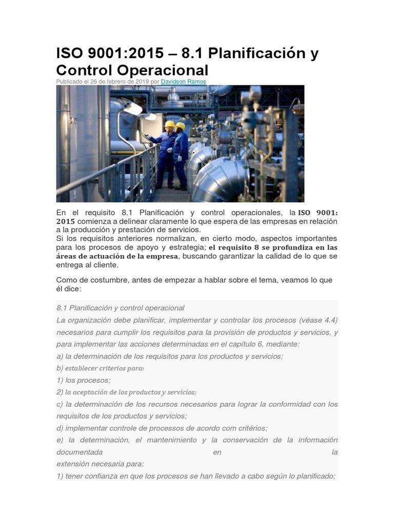 ISO 9001:2015 - 8.1 Planificación y Control Operacional: Publicado El ...