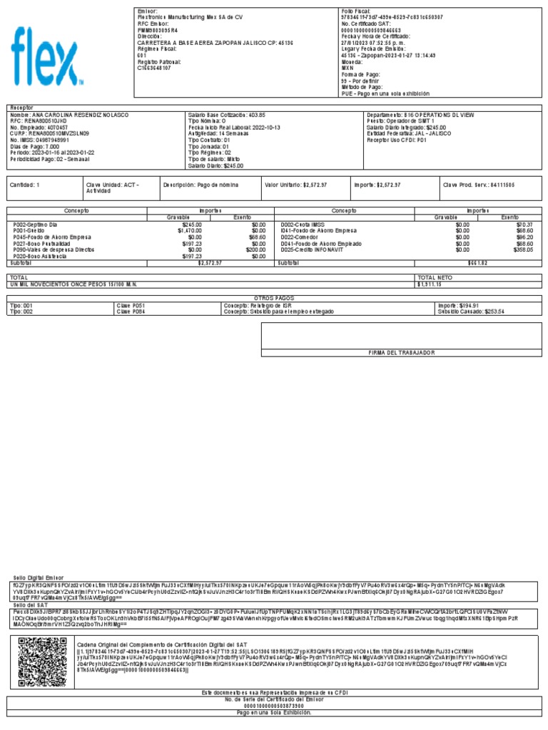 Recibo de Nómina Flextronics 2023 | PDF | Labor | Relaciones laborales