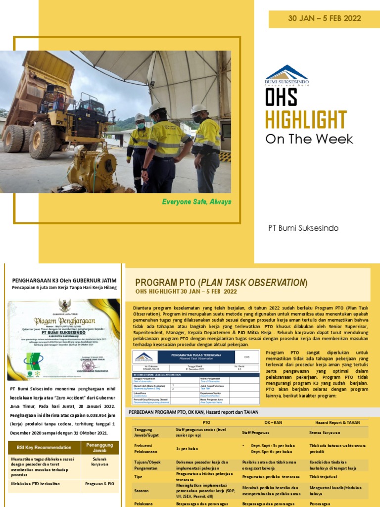 OHS Highlight 30 Jan - 5 Feb 2022 PROGRAM PTO (PLAN TASK OBSERVATION) | PDF
