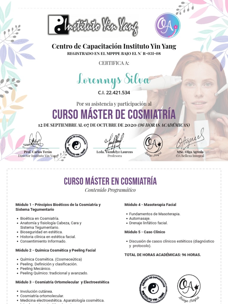 Lorennys Silva (CERTIFICADO - CURSO MÃ - STER DE COSMIATRÃ - A) | PDF