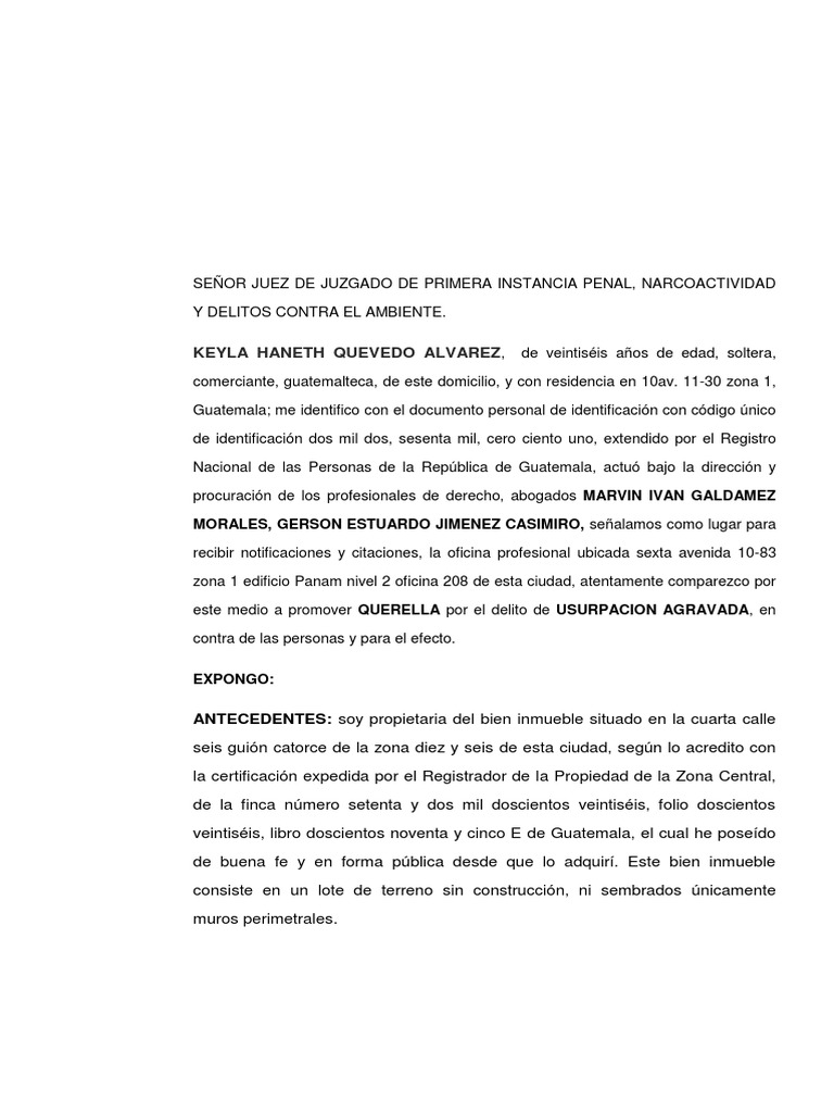 Querella-Usurpacion-Agravada Grupo 13 | PDF | Guatemala | Derecho penal