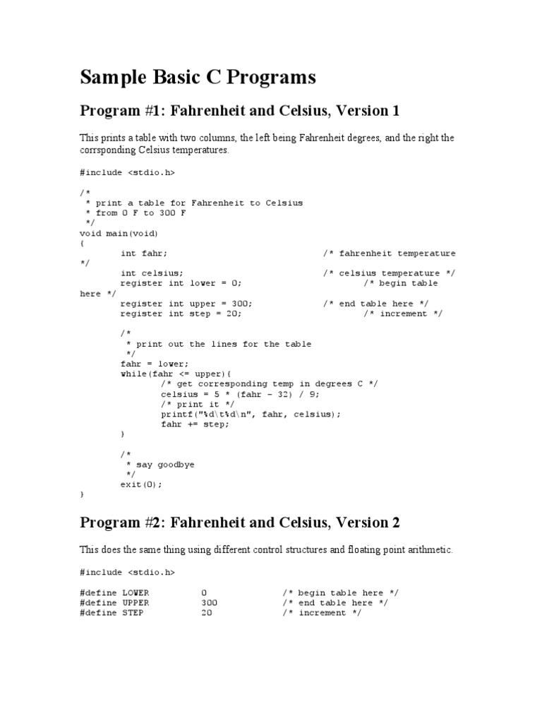 Sample Basic C Programs | PDF | Fahrenheit | Exponentiation