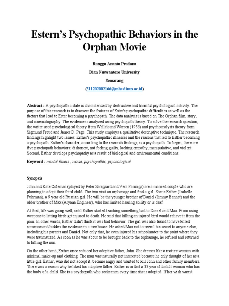 Rangga Ananta Pradana - Analysis of Esthern's Psychophatic Behaviors in The Orphan Movie | PDF ...