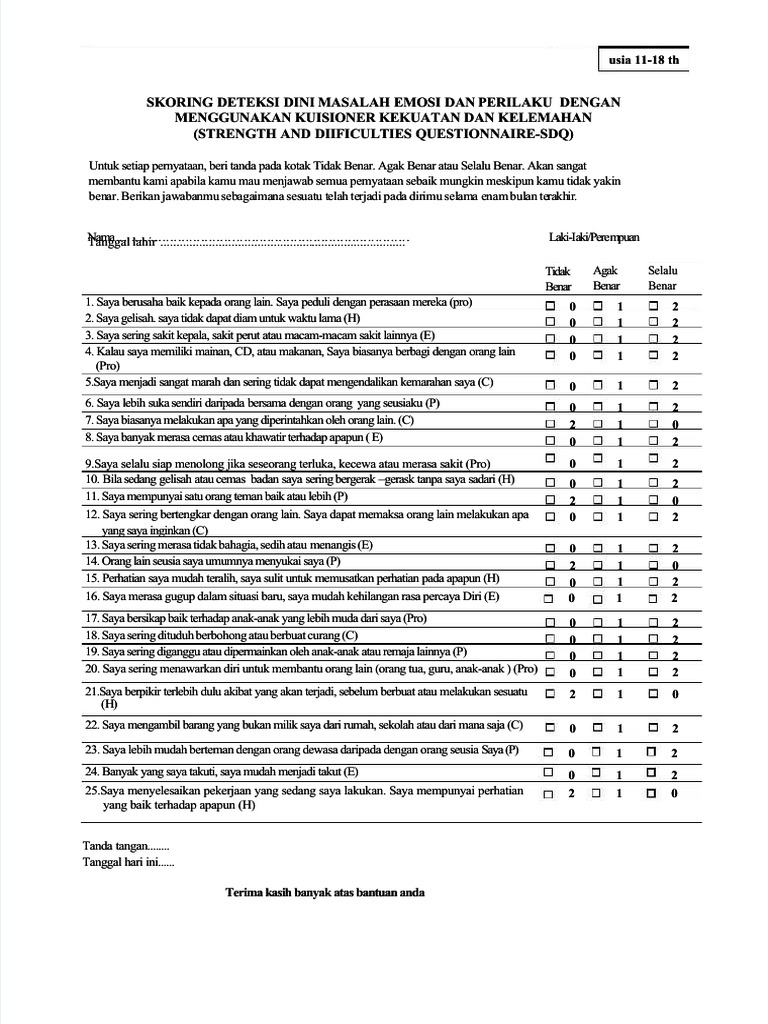 PDF Instrumen SDQ Dan Skoring - Compress | PDF
