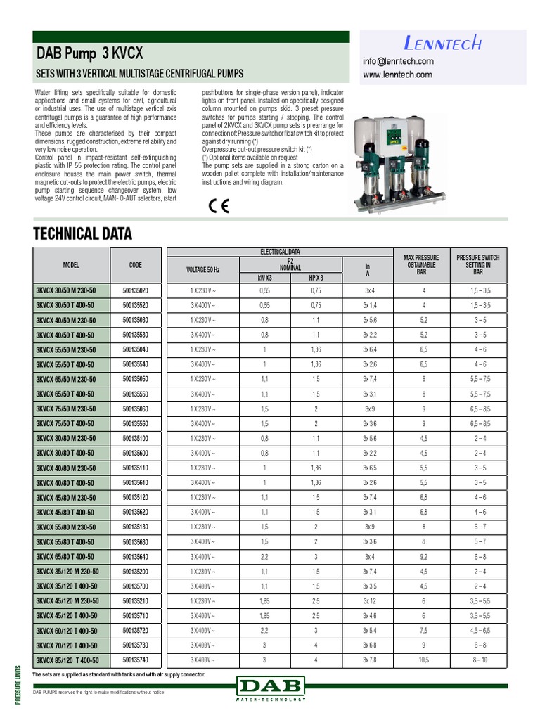 Specification Sheet for DAB Pumps 3 KVCX Sets with 3 Vertical Multistage Centrifugal Pumps | PDF ...