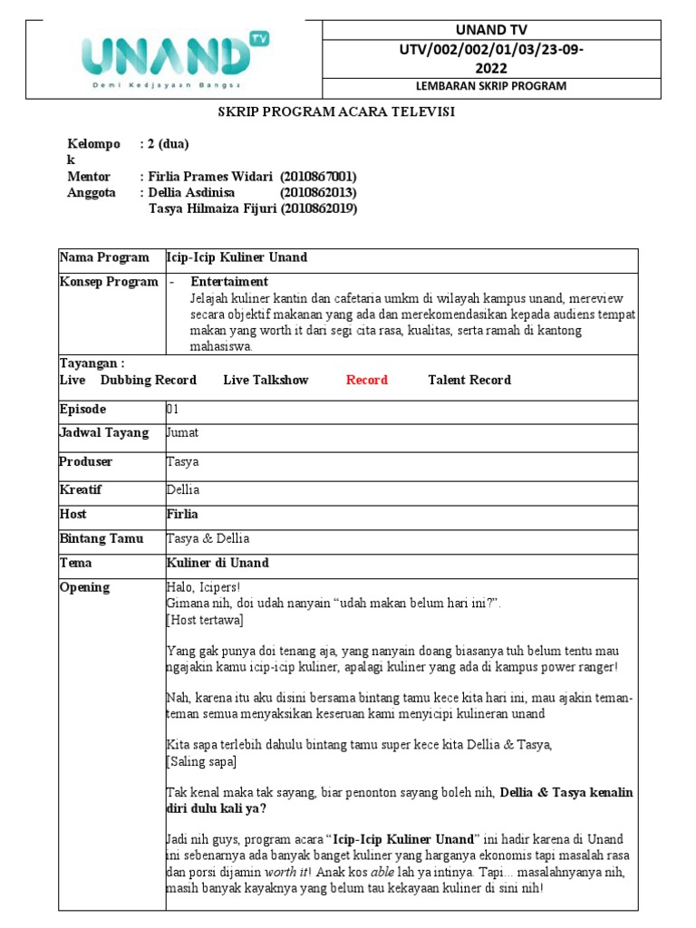 Skrip Program Acara Televisi Kelompok 2 | PDF