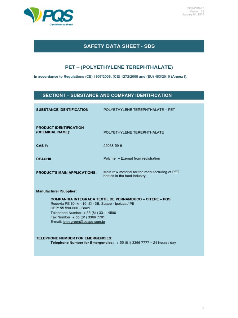 SDS Pet PQS English | PDF | Water | Personal Protective Equipment