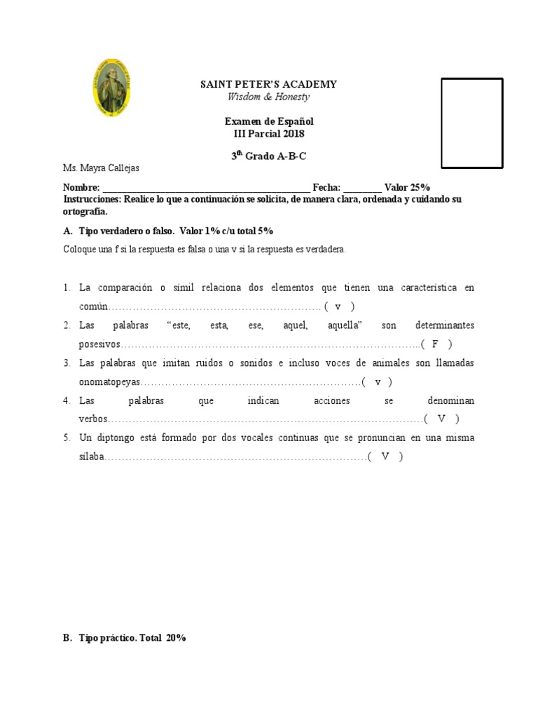 Saint Peter'S Academy Examen de Español III Parcial 2018 3 Grado A-B-C ...