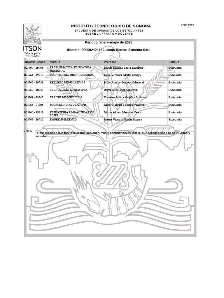 Instituto Tecnológico de Sonora: Periodo: Enero-Mayo de 2023 Alumno ...