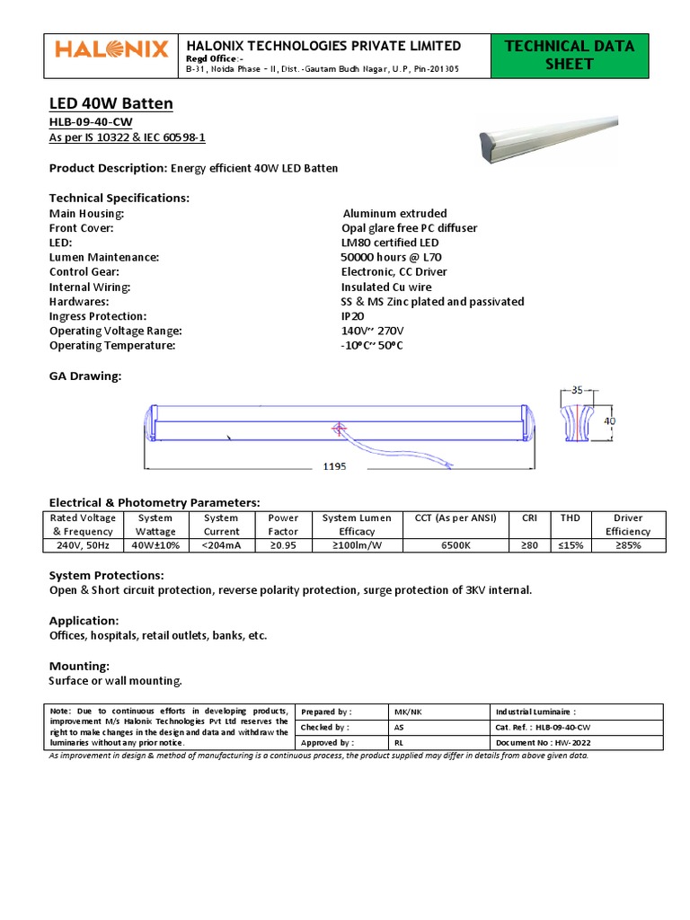 TDS - Led 40W Batten CW | PDF | Electrical Engineering | Electronics