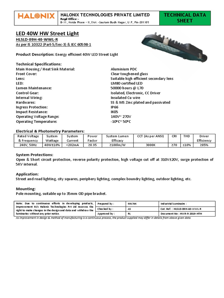 TDS - Led 40W SL WWL | PDF | Lighting | Electrical Components