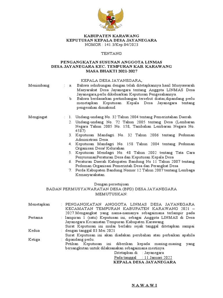 Kabupaten Karawang Keputusan Kepala Desa Jayanegara | PDF