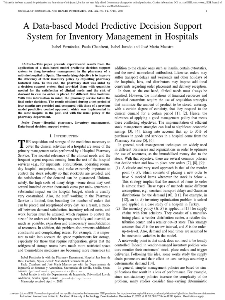 A Data-Based Model Predictive Decision Support System For Inventory Management in Hospitals ...