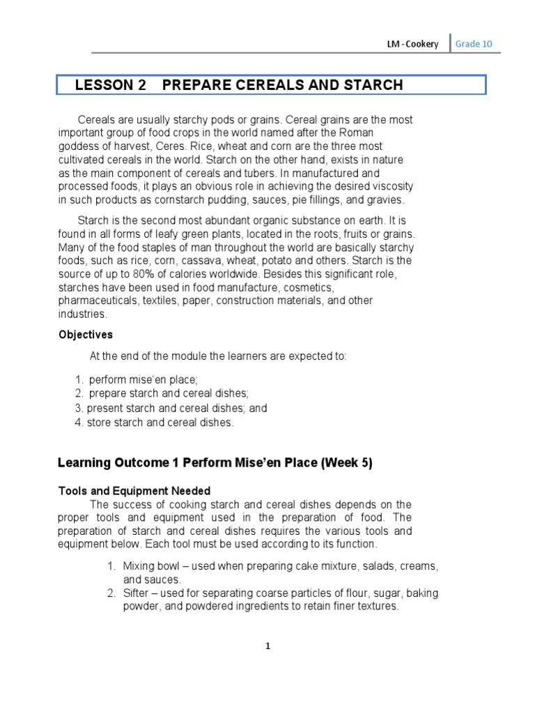 Lesson 2 Prepare Cereals and Starch: Learning Outcome 1 Perform Mise'en ...