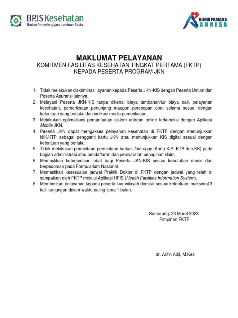Maklumat Pelayanan FKTP BPJS | PDF