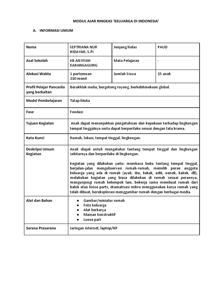 Modul Ajar Ringkas Keluarga Di Indonesia' A. Informasi Umum | PDF ...
