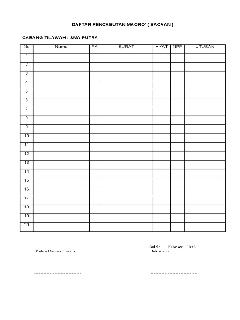 Daftar Pencabutan Maqra MTQ PELAJAR | PDF
