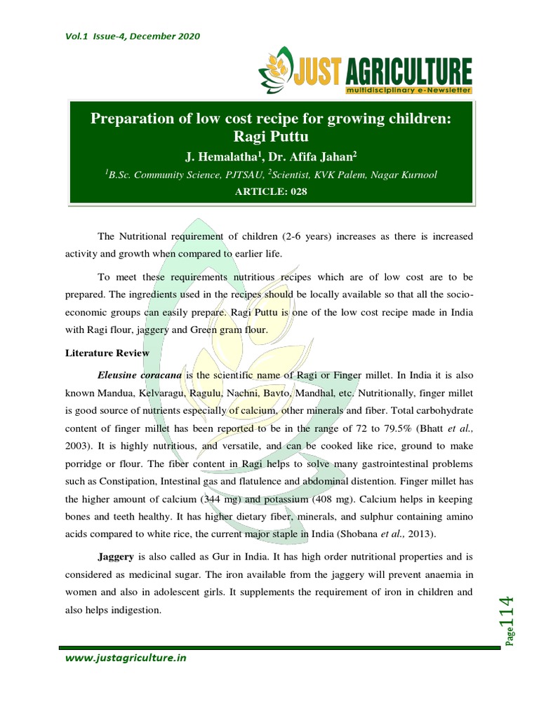 Preparation Of Low Cost Recipe For Growing Children Ragi Puttu PDF