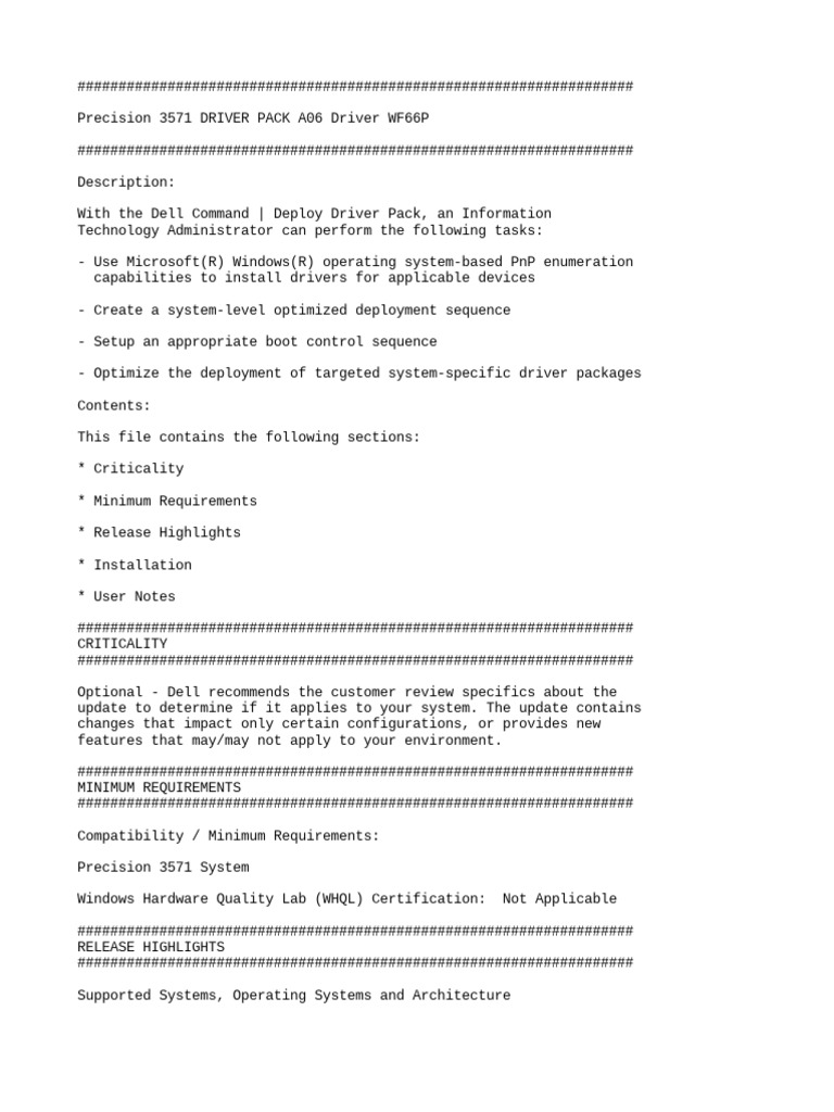 Installation Instructions and System Requirements for the Precision 3571 Driver Pack A06 | PDF ...