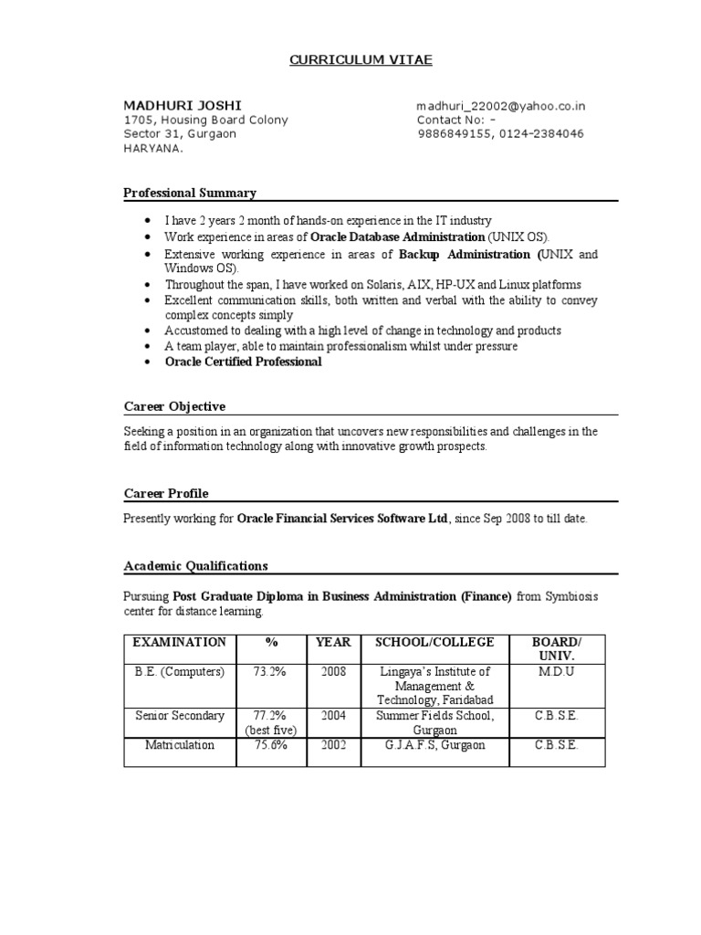 Professional Summary: Curriculum Vitae | PDF | Oracle Database | Databases