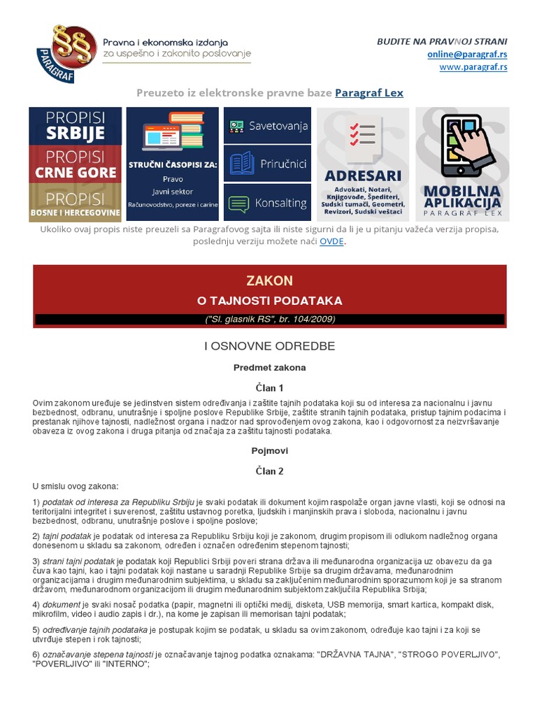 Zakon o Tajnosti Podataka | PDF