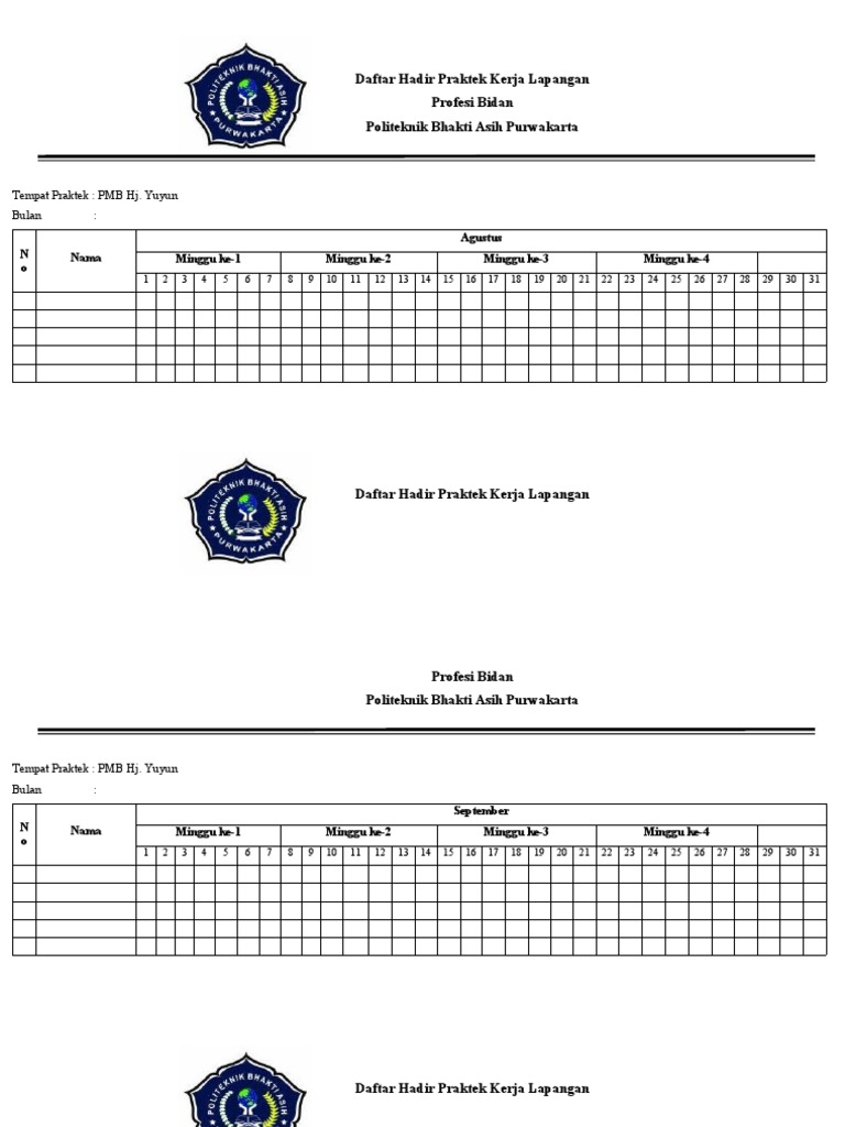 Daftar Hadir Praktek Kerja Lapangan | PDF