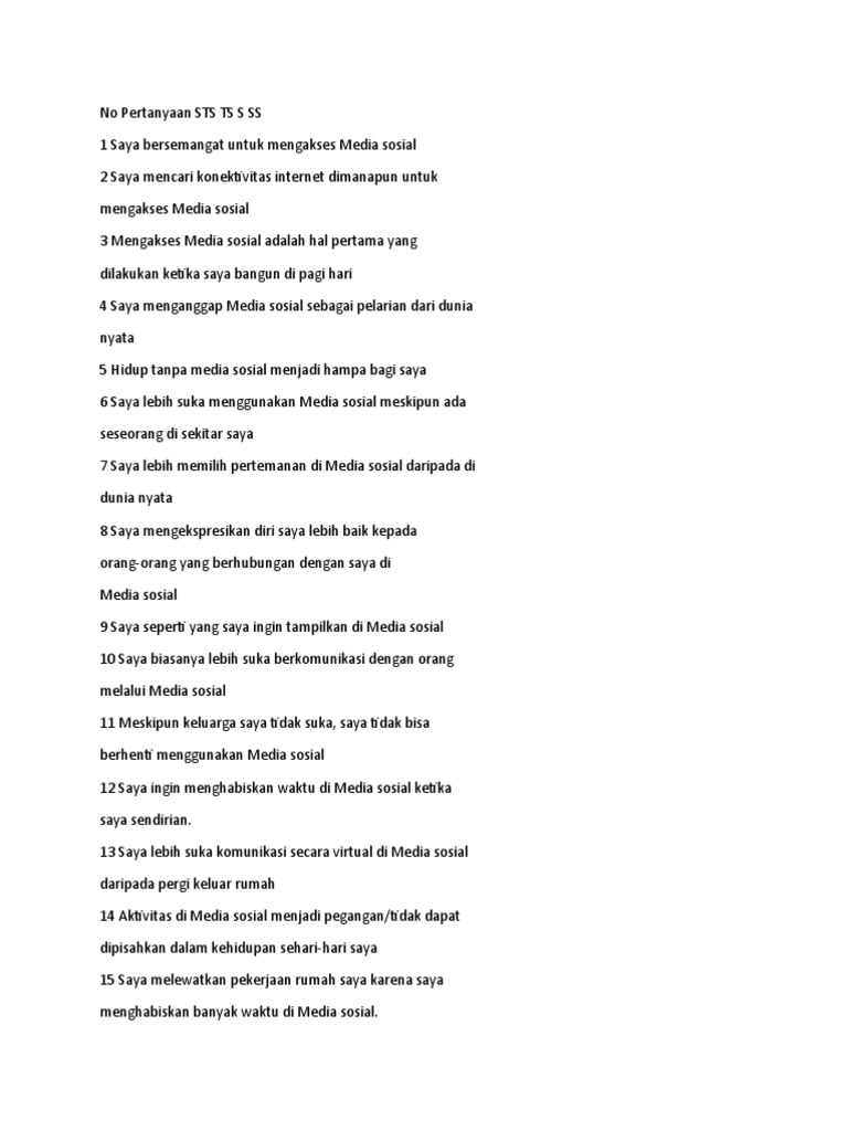 Kuersioner Social Media Addiction Scale Student Form (SMAS-SF) Indo Ver ...