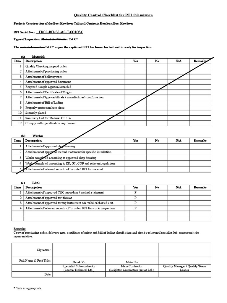 EKCC-RFI-BS-AC-T-00105C: Quality Control Checklist For RFI Submission | PDF